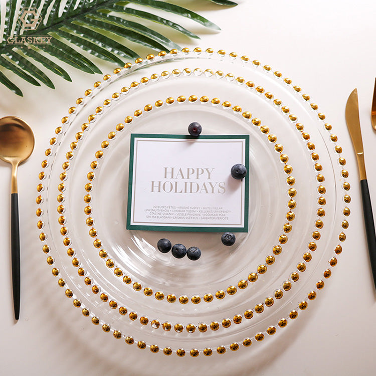 12.6 Inches Clear Wedding Gold Glass Plates Wholesale Gold Beaded Char